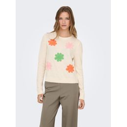 Only Damen Strickpullover "ONLLOTUS LIFE LS FLOWER O-NECK EX KNT"baby's breath detail:mandarin ora, vibrant gre, tickled pin, Gr. XL, gebl&uuml;mt,