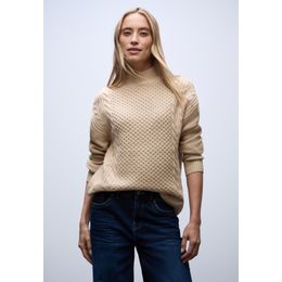 Stehkragenpullover Street One, Damen, Gr. 40, sanded beige, Strick, Obermaterial: 34% Baumwolle, 34% Polyacryl, 29% Polyester, 3% Elasthan, regular fit normal, ohne Ausschnitt, Rippb&uuml;ndchen, Pullover Stehkragenpullover, mit Strickmuster