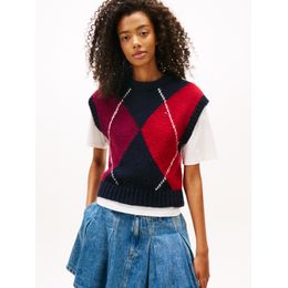 Pullunder Tommy Jeans "TJW ARGYLE SWEATER VEST", Damen, Gr. XS (34), schwarz night navy, Strick, Obermaterial: 69% Polyacryl, 23% Polyester, 8% Alpaka, kariert, normal, Rundhals, Pullover Pullunder, Argyle Strickmuster, Strick mit Alpaka