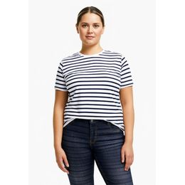 Only CARMAKOMA Damen Kurzarmshirt "CARNEW SOPH SS Y/D STRIPE JEANS TEE JRS"cloud dancer stripes:total eclipse, Gr. M, gestreift, Jersey,