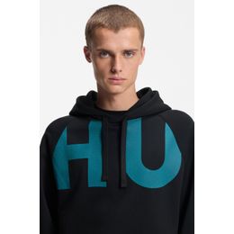 Hugo Herren Hoodieschwarz001, Gr. L, unifarben, Sweatware, Obermaterial: 100% Baumwolle, Sweatshirts, Loose Fit, Druck vorne und hinten, Kapuze mit