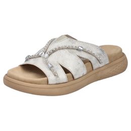 Rieker Damen Pantolette, Gr. 41, beige, Lederimitat, metallic, Schuhe, Sommerschuh, Schlappen, Hausschuh, Strandschuh mit Stretcheinsatz