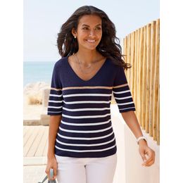 Casual Looks Damen Kurzarmpullover "Kurzarm-Pullover", blau, Gr. 42, gemustert, gestreift, mehrfarbig, 55% Baumwolle, 45% Viskose, Pullover