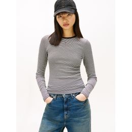 Langarmshirt Tommy Jeans "TJW SLIM ESSENTIAL RIB LS", Damen, Gr. M (38), schwarz, ecru stripe, Rippware, Obermaterial: 95% Baumwolle, 5% Elasthan, gestreift, slim fit h&uuml;ftlang, Rundhals, eingesetzt abgesteppt, Shirts Langarmshirt, mit Logostickerei