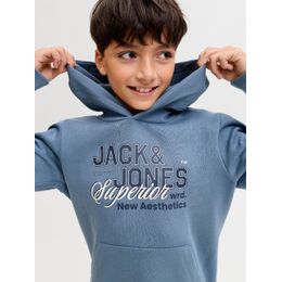 Jack & Jones Kinder Kapuzensweatshirt "JJELOGO SWEAT HOOD 2 COL AW25 NOOS JNR", blau, Gr. 128, JACK & JONES JUNIOR, bedruckt, angeraute Sweatware, Obermaterial: