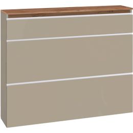 Schuhschrank Inosign "Magic Schuhschrank, Schuhkommode, Schuhregal, softgriff", grau (taupe), B:120cm H:108cm T:26,5cm, FSC-zertifizierter Holzwerkstoff, Schr&auml;nke, Schuhschrank, 3 Klappen,Doppelschuhtrommeln,hochglanz lackiert oder matt,Breite 120