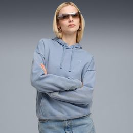 Kapuzensweatshirt Puma "ESS ELEVATED RELAXED WASH HOODIE FL", Damen, Gr. M, blau (cool blau), Fleece, Obermaterial: 66% Baumwolle, 34% Polyester, bedruckt, relaxed fit normal, Sweatshirts, mit Print-Applikationen, mit K&auml;ngurutasche, mit Kapuze