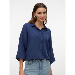 V&eacute;ro Moda Hemdbluse VERO MODA "VMNATALI CROP SHIRT WVN NOOS", Damen, Gr. M, blau (navy blazer), Web, Obermaterial: 100% Baumwolle, unifarben, regular fit kurz, weit, Blusen Hemdbluse, Baumwolle, loose fit