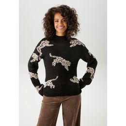 Strickpullover Aniston CASUAL, Damen, Gr. 34, schwarz (schwarz, beige), Strick, Obermaterial: 100% Polyacryl, Jacquardmuster, l&auml;ssig geschnitten h&uuml;ftlang, Strickkante, Pullover Strickpullover, mit eingestrickten Leoparden