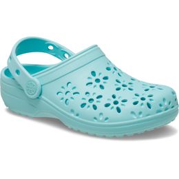 Clog Crocs "Classic Floral Cut Out Clog", Kinder, Gr. 33, blau (hellblau, aquamarine), Croslite&trade;, gebl&uuml;mt, Schuhe Clog, Sommerschuh, Sandale, Strandschuh mit schwenkbarem Fersenriemen