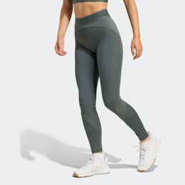 Trainingstights adidas Performance "HYG SHN 1/1 L", Damen, Gr. XS, N-Gr, legend ivy, grau six, Obermaterial: 85% Polyester, 15% Elasthan, Hosen, sportlicher Mix aus gl&auml;nzendem und mattem Material, mit Jacquard-Bund