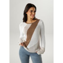 Strickpullover Aniston SELECTED, Damen, Gr. 36, wei&szlig;, braun, beige, Strick, Obermaterial: 100% Polyacryl, gemustert, figurumspielend h&uuml;ftlang, Rundhals, Flachstrickb&uuml;ndchen, Pullover Strickpullover, mit Rollkante am Rundhalsausschnitt - NEUE KOLLEKTION