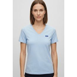 HUGO BLUE Damen T-Shirt "Classic V"open blau 477, Gr. XS, unifarben, Single Jersey, Obermaterial: 100% Baumwolle, Shirts, mit Logo, V-Ausschnitt