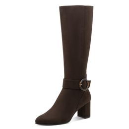 Marco Tozzi Damen Stiefel, Gr. 36mocca, Textil, Veloursleder, unifarben, Schuhe, Blockabsatz, Businessstiefel, Langschaftstiefel mit Zierschnalle
