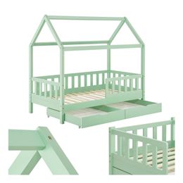 Juskys Kinderbett Marli 80 x 160 cm mit Bettkasten, Gitter, Lattenrost & Dach - Holz Hausbett Mint