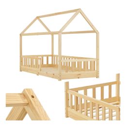 Juskys Kinderbett Marli 90 x 200 cm mit Rausfallschutz, Lattenrost & Dach - Holz Hausbett Natur