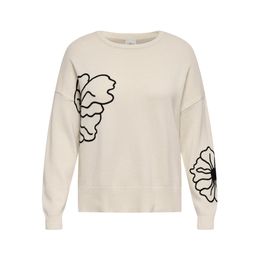 Rundhalspullover Only CARMAKOMA "CARPETRA LS FLOWER EMB O-NECK CC KNT", Damen, Gr. L, birch detail:schwarz, Strick, Obermaterial: 50% Baumwolle, 50% Polyacryl, unifarben mit Farbeinsatz, normal, Rundhals, Rippstrickb&uuml;ndchen, Pullover Rundhalspullover