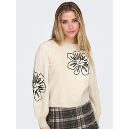 Strickpullover Only "ONLMAGNOLIA LS DETAIL PULLOVER KNT", Damen, Gr. XL, wei&szlig;cap gray detail:schwarz lace ribbon, flower, Strick, Obermaterial: 51% Viskose, 26% Polyester, 23% Nylon, bestickt, normal, Rundhals, Pullover Strickpullover