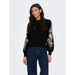 Strickpullover Only "ONLMAGNOLIA LS DETAIL PULLOVER KNT", Damen, Gr. S, schwarz detail:ecru lace ribbon, Strick, Obermaterial: 51% Viskose, 26% Polyester, 23% Nylon, bestickt, normal, Rundhals, Pullover Strickpullover