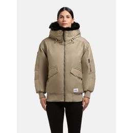 Bomberjacke Khujo "Cela", Damen, Gr. M (38), beige, Obermaterial: 100% Nylon; Innenfutter: 100% Polyester; Kunstfell: 100% Polyester; Wattierung: 100% Polyester, oversize h&uuml;ftbedeckend, hoch geschlossener Ausschnitt, Rippstrickb&uuml;ndchen, Jacken Bomberjacke, Oversize Winterjacke mit abnehmbarem Kunstpelz-Besatz