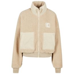 Bomberjacke Karl Kani "Karl Kani OG Crop Teddy Bomber Jacket", Damen, Gr. M, sand, 100% Polyester, mehrfarbig, oversize, hoch geschlossener Ausschnitt, Jacken Bomberjacke