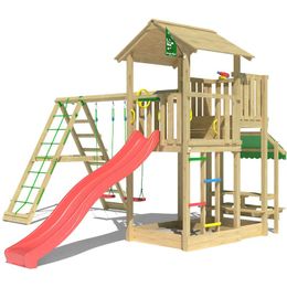 Jungle Gym Spielturm &raquo;Veranda&laquo; Spielanlage mit Schaukel, Kletterbock und Rutsche mit Wasseranschluss rot Holzwerkstoff