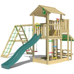 Jungle Gym Spielturm &raquo;Veranda&laquo; Spielanlage mit Schaukel, Kletterbock und Rutsche mit Wasseranschluss gr&uuml;n Holzwerkstoff