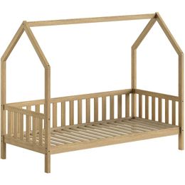 Vipack Hausbett &raquo;Cabane, mit Dachaufbau, Bettschublade auf Rollen u. Sprossenumrandung&laquo; (B/H/T ca. 208x169x98 cm) aus massiver Eiche, Oberfl&auml;che Natur, sehr 