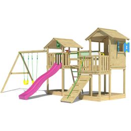 Jungle Gym Spielturm &raquo;Stronghold&laquo; Spielanlage mit 2 T&uuml;rmen, Schaukel und Rutsche mit Wasseranschluss pink Holzwerkstoff