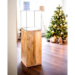 Gilde Bodenwindlicht &raquo;Windlicht, Kerzenhalter S&auml;ule, 91.26x26cm, Geschenkidee&laquo; aus massivem, ge&ouml;ltem Mangoholz, inklusive Glasaufsatz beige Glas, 