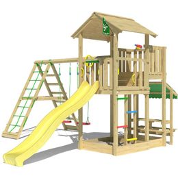 Jungle Gym Spielturm &raquo;Veranda&laquo; Spielanlage mit Schaukel, Kletterbock und Rutsche mit Wasseranschluss gelb Holzwerkstoff