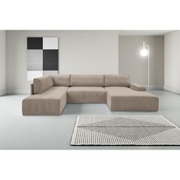WERK2 Wohnlandschaft &raquo;Rotterdam-U, U-Form, in kuschelweichem Cord oder Breitcord&laquo; Design Sofa mit Schlaffunktion & Bettkasten, Cord, Hellgrau/Beige 