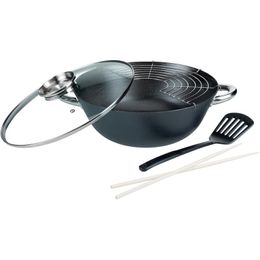 GSW Topf-Set &raquo;Gourmet Granit&laquo; Set, 1 Br&auml;ter 32cm, 1 Wok &Oslash;32cm, mit Deckel, Gittereinsatz, Pfannenwender, 4 Stk. tlg. Gusseisen schwarz