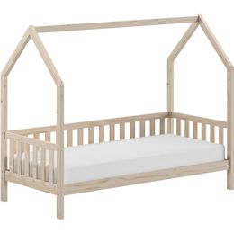 Vipack Hausbett &raquo;Cabane, mit Dachaufbau, Bettschublade auf Rollen u. Sprossenumrandung&laquo; (B/H/T ca. 208x169x98 cm) aus massiver Eiche, Oberfl&auml;che Natur, sehr 