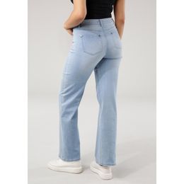 Tamaris Damen Weite Jeans hohe Leibh&ouml;he, langer Schnitt, mit Knopf-Applikationen blau 34, N-Gr