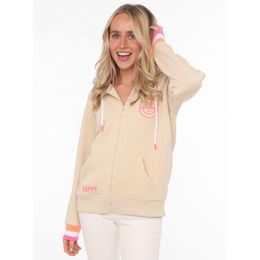 Zwillingsherz Damen Kapuzensweatjacke &raquo;"Smile Everyday ZH"&laquo; Kapuze, Taschen, Langarm, Stickerei, Rei&szlig;verschluss beige SM (S/M)