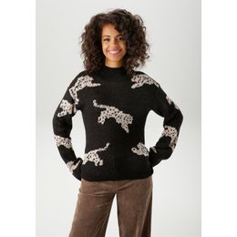 Aniston Casual Damen Aniston CASUAL Strickpullover mit eingestrickten Leoparden schwarz 36