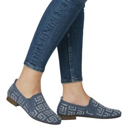 Rieker Damen Slipper Halbschuh, Schlupfschuh, Blockabsatz, Loafer mit Glitzersteinchen blau 38