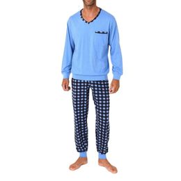 Normann Langarm Schlafanzug B&uuml;ndchen und karierter Jersey Pyjamahose in hellblau | Gr.: 54