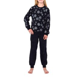 Normann Warmer M&auml;dchen Schlafanzug Pyjama aus Coralfleece in navy | Gr.: 128