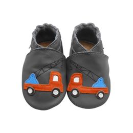 Mepiq Graue Baby-Leder-Laufschuhe, komfortabel mit rutschfester Sohle - Lastwagenmotiv | Gr.: 22/23