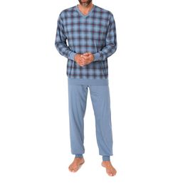 Normann Langarm Schlafanzug B&uuml;ndchen Jersey und karierten Pyjama Oberteil in blau | Gr.: 48