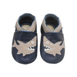 Bemesu Dunkelblaue Leder Babyschuhe, Krabbelschuhe, rutschfeste Sohle - Hai-Muster | Gr.: 23/24