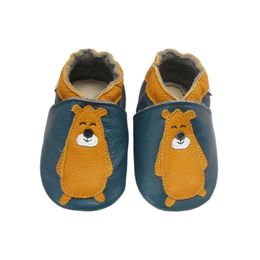 Bemesu Dunkelgr&uuml;ne Leder Babyschuhe, Krabbelschuhe, rutschfeste Sohle - B&auml;renmuster | Gr.: 21/22