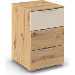 Nachtkommode Rauch "Nachttisch Nachtkonsole Nachtschrank ASTANA", eiche artisan, beige (champagner), B:40cm H:61cm T:42cm, Holzwerkstoff, Sideboards, mit 3 ger&auml;umigen Schubladen, Kantengriff in Alufarben MADE IN GERMANY