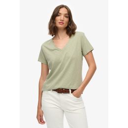 T-Shirt Superdry "STUDIOS SLUB EMB VEE TEE", Damen, Gr. XS, gr&uuml;n (dusty sage), Single Jersey, Obermaterial: 60% Baumwolle, 40% Lyocell, unifarben, regular fit normal, V-Ausschnitt, Shirts T-Shirt, Baumwollmischung, relaxed fit