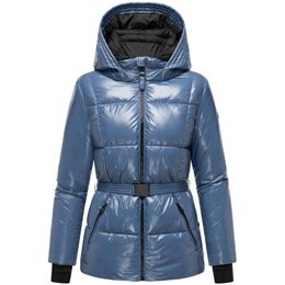 Steppjacke Navahoo "Eisglanz 14", Damen, Gr. M (38), graublau, Obermaterial: 100% Nylon; Innenfutter: 100% Polyester; Wattierung: 100% Polyester; &Auml;rmelfutter: 100% Polyester, figurumspielend Po-bedeckend, hoch geschlossener Ausschnitt, elastischer Bund mit Daumenl&ouml;chern, Jacken Steppjacke, Gl&auml;nzende Damen Winterjacke mit Tailleng&uuml;rtel