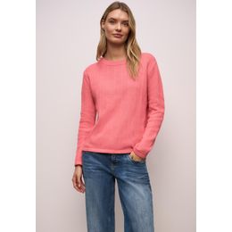 Rundhalspullover Street One, Damen, Gr. 40, striking coral meliert, Web, 37% Polyacryl, 29% Baumwolle, 29% Polyester, 5% Nylon, unifarben, normal normal, Rundhals, Rippb&uuml;ndchen, Pullover Rundhalspullover, mit Streifen-Struktur