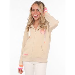 Kapuzensweatjacke Zwillingsherz ""Smile Everyday ZH"", Damen, Gr. SM (S/M), beige, Sweatware, Obermaterial: 50% Baumwolle, 50% Polyester, unifarben, normal h&uuml;ftlang, V-Ausschnitt, Sweatjacken Zip-Hoodie, Kapuze, Taschen, Langarm, Stickerei, Rei&szlig;verschluss