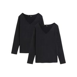 Langarmshirt bonprix "Figurbetontes Langarmshirt (2er Pack)", Damen, Gr. 40/42 (M), schwarz (schwarz, schwarz), Web, Obermaterial: 95% Baumwolle, 5% Elasthan, unifarben, slim fit normal, V-Ausschnitt, Shirts Langarmshirt, im 2er Pack mit V-Ausschnitt und Langarm